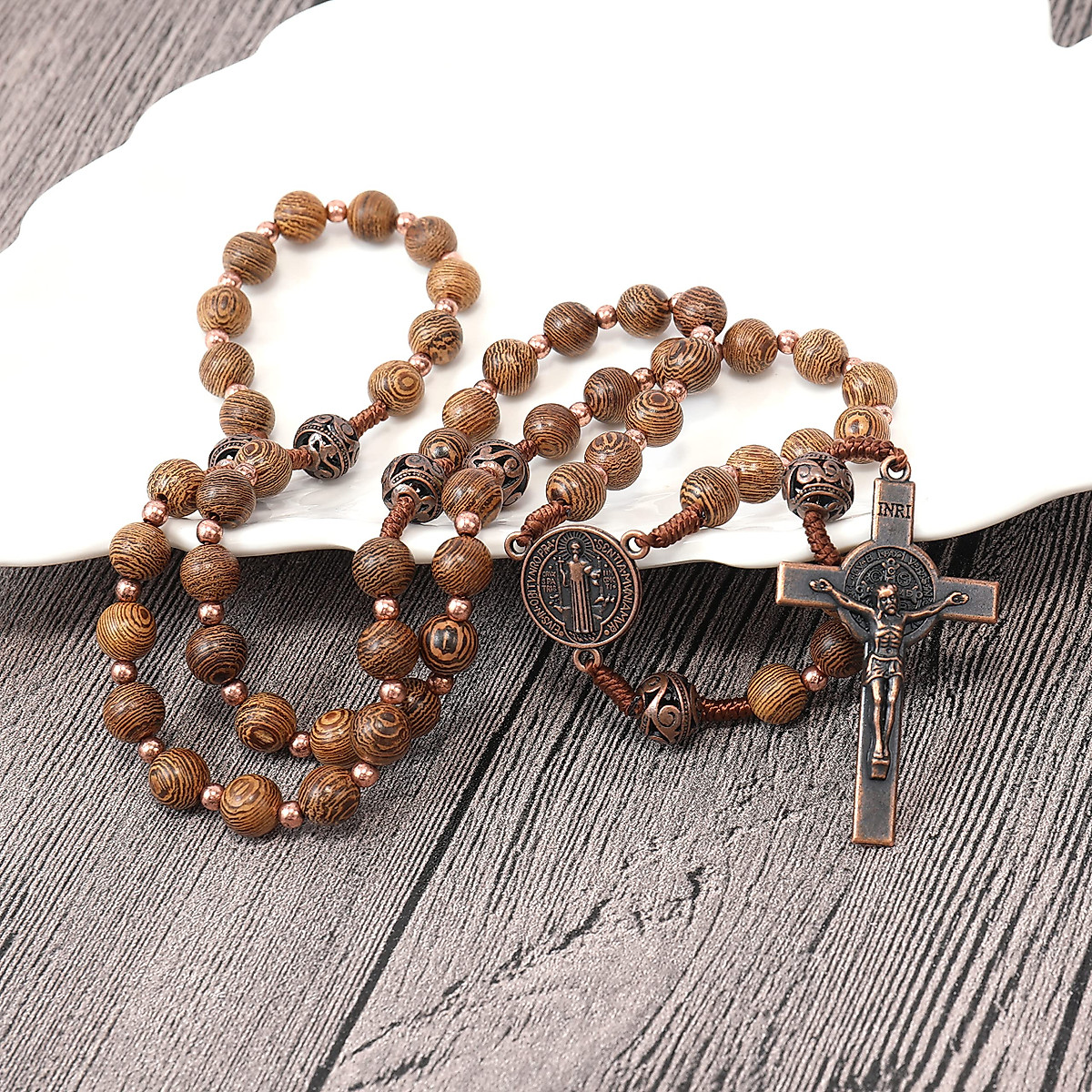 Nazareth Store Sacred St Benedict Wood beads Rosary Solid Wooden Beaded Necklace & Metal Glory Beads Catholic Cross Crucifix