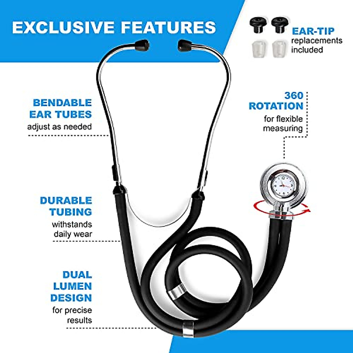 Primacare DS-9298 Black Medical Clock Stethoscope with Analog Watch, 22" Tubing Convertible Regular Sprague Rappaport Stethoscopes, First Aid Emergency Essential Kits with Headset