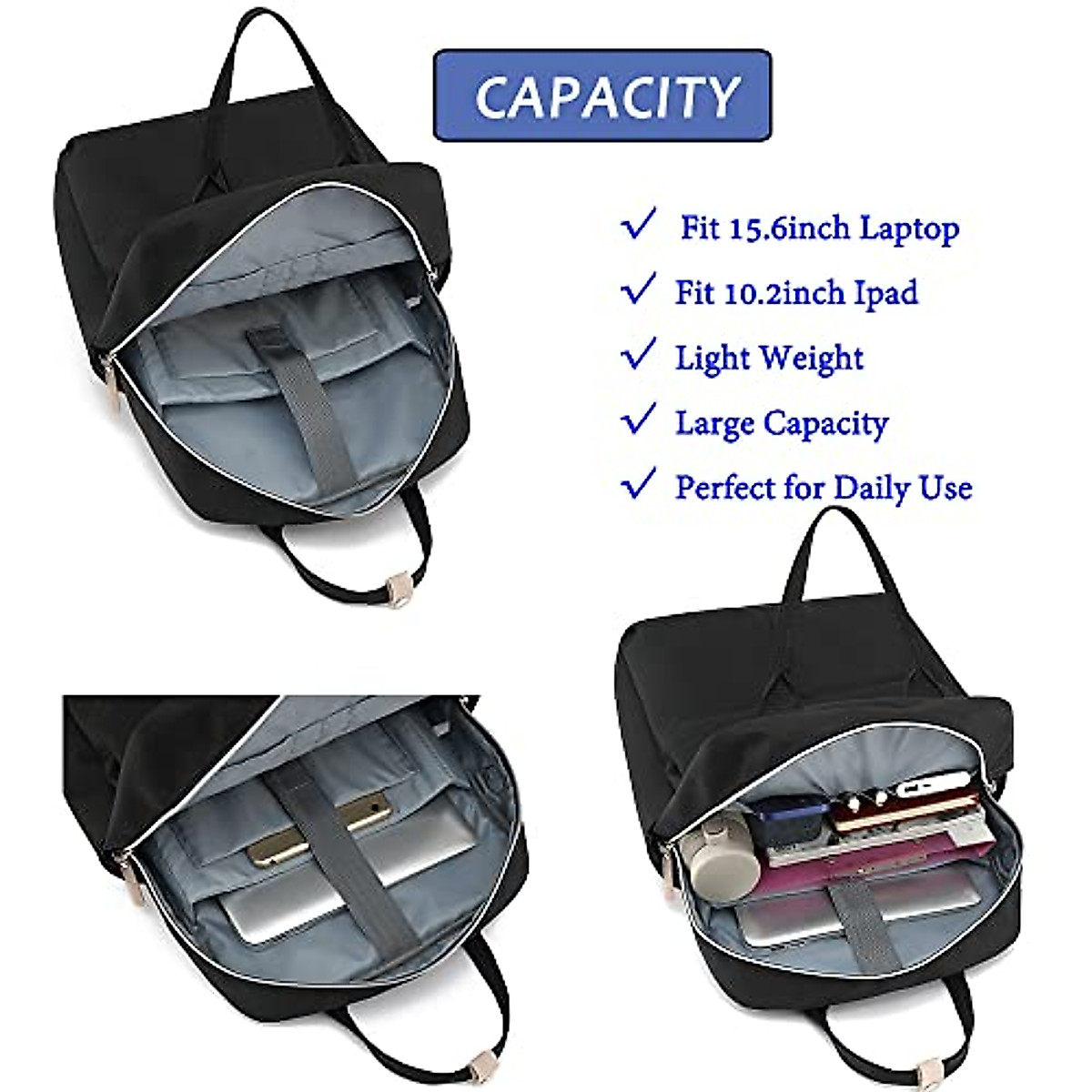 FUXINGYAO Women Laptop Backpack, Durable Travel backpack with Headphone Cable Hole, Anti Theft Backpack for Fits 15.6 Inch Notebook, Multicolor, Black2