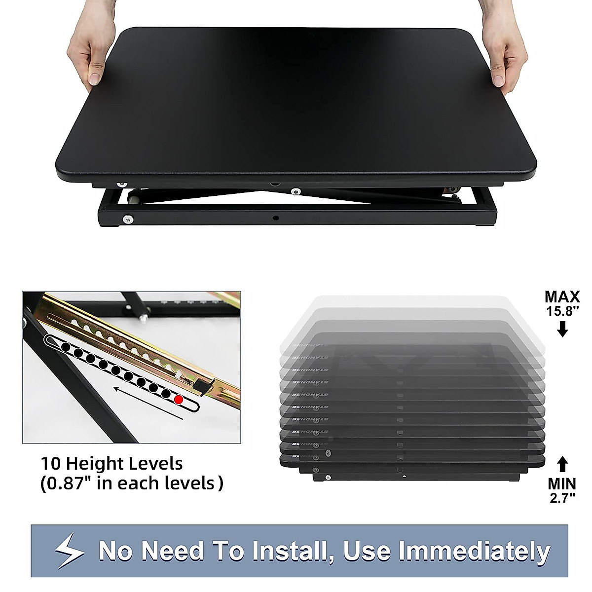 STANDNEE Standing Desk Converter Height Adjustable Stand Up Desk Riser - Supports 300 lbs, Fully Assembled Monitor/Laptop Riser Workstation, Black.