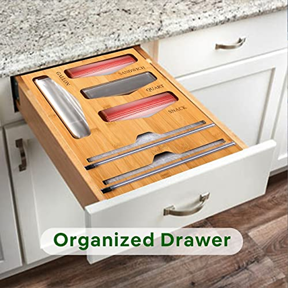 THE AJ STORE Storage Bag Organizer: 6-in-1 Bamboo Slider Bag Dispenser for Kitchen Drawer with Aluminum Foil and Wrap Cutter, Compatible with Ziploc Hefty Glad Solimo - Gallon Quart Sandwich Snack