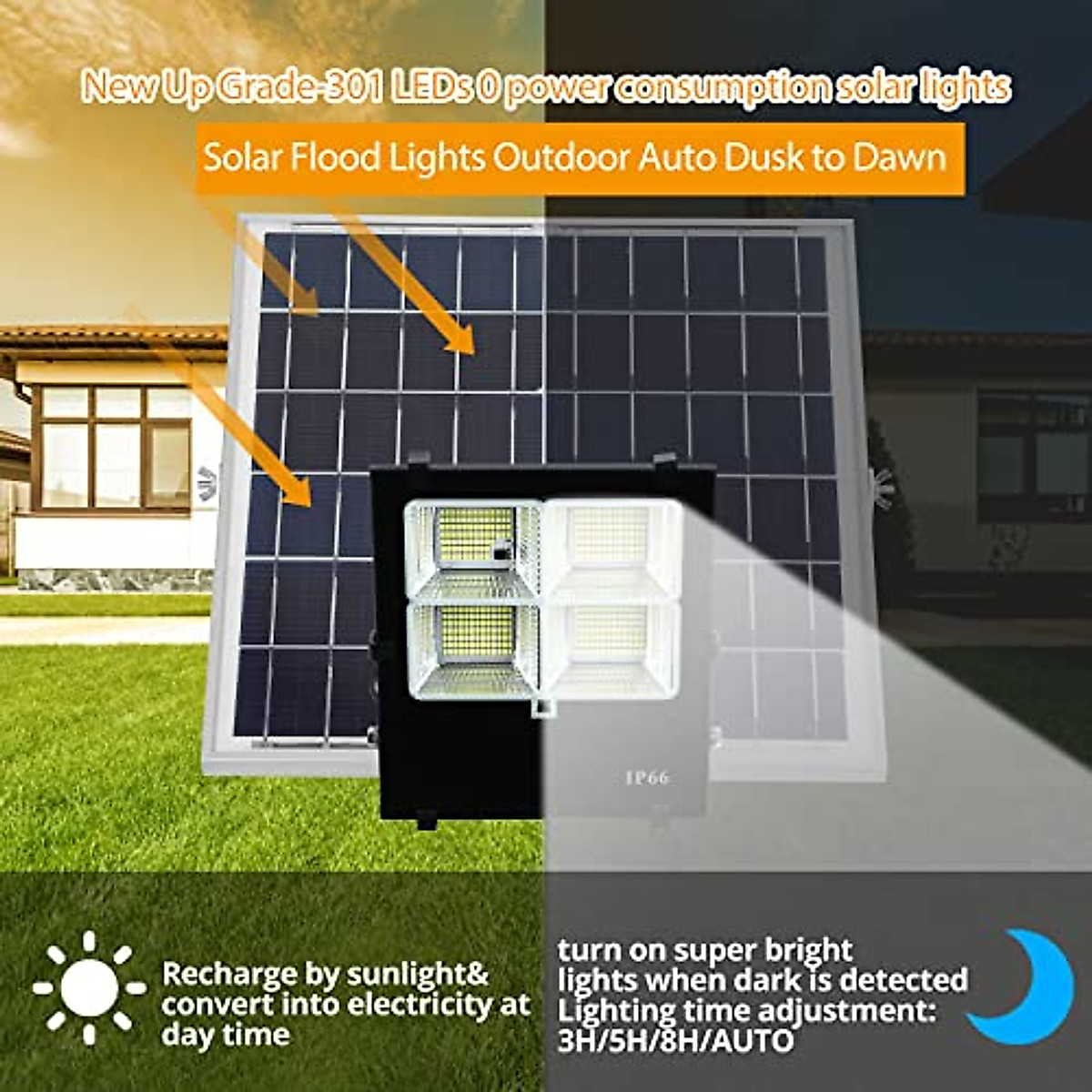 100W LED Solar Flood Lights Outdoor Bright,301 LEDs 8000LM Auto Dusk to Dawn with Light Sensor and Remote Control,IP66 Waterproof Solar Street Security Light for Barn, Garden, Yard