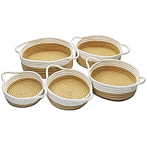 Lovelyduo Woven Storage Baskets 5-Piece, Natural Cotton Rope Basket for Baby Nursery Basket, Cat Dog Toys Basket, Bathroom Organizing Baskets, Empty Decorative Gift Basket Round White Brown