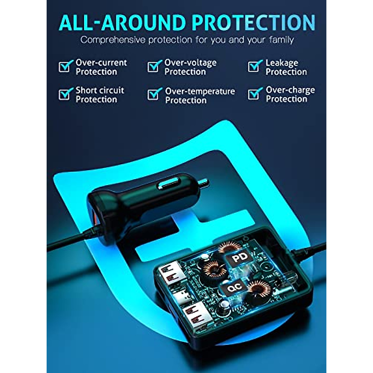 USB C Car Charger，SUMKUMY 74W Fast Car Phone Charger PD&QC3.0 with 6.5ft Cable for Back Seat Charging，4 Multi Ports Cigarette Lighter Adapter for iPhone 13/12/11，Samsung Galaxy S22/21，Google Pixel