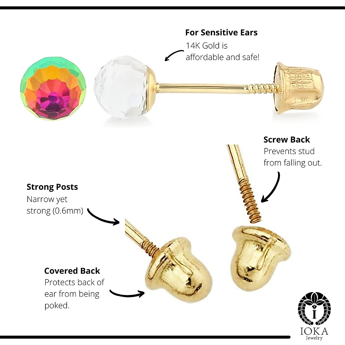 14K REAL Gold CZ Rainbow Crystal Disco Ball Stud Earrings for Women with Screw Backs