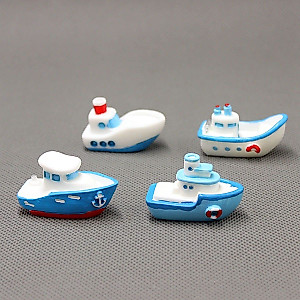 4 Pcs Yacht Ornaments, Resin Sea Boat Figurines Mini Fairy Garden Decorations, Bonsai Miniatures DIY Crafts Home Decors