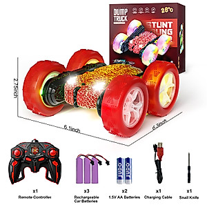 28℃ Remote Control Car Stunt RC Cars, 4WD Rechargeable RC Truck with Headlights Wheel Lights, Double Sided 360 Flips Stunt Toy Car for Kids Boys Girls 6 Year Old Christmas Birthday Gift (Orangered)