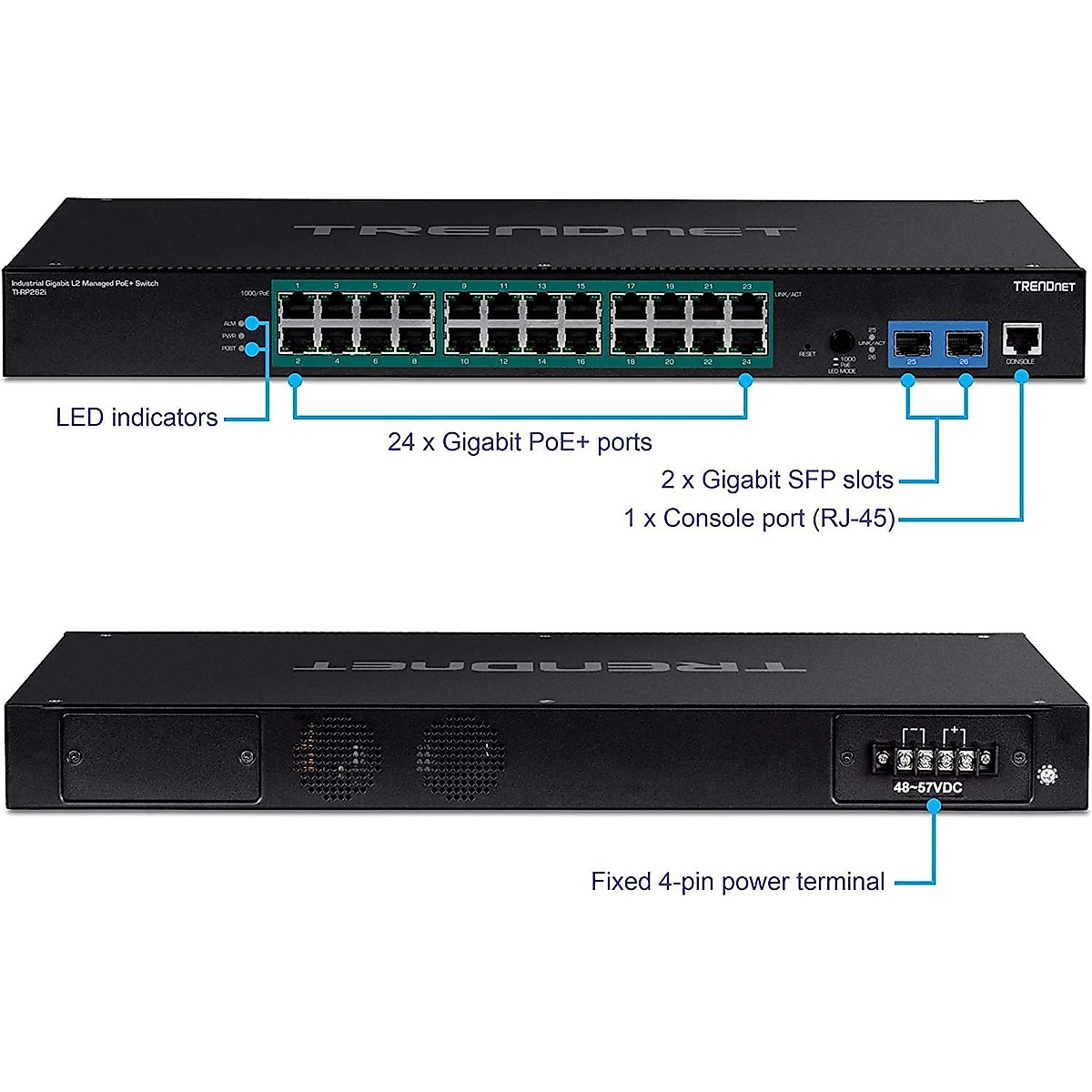 TRENDnet 26-Port Industrial Gigabit L2 Managed PoE+ Switch, TI-RP262i, 1U 19” Rackmount, 24 x Gigabit PoE+ Ports, 2 x SFP Slots (100/1000Base-FX), IP30, VLAN, QoS, 685W PoE Power Budget, Fanless