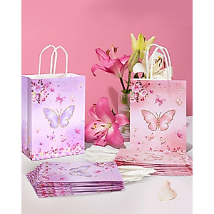 LWBDD 16 Pcs Butterfly Party Favors Gift Bags Goodie Bags, Pink Purple Treat Candy Bags; small size Paper Bags with Handles & Tissue Paper for Girls Butterfly Birthday Party Supplies Baby Shower