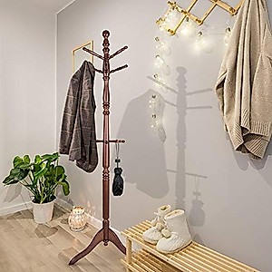 Vlush Free Standing Coat Rack, Wooden Coat Hat Tree Coat Hanger Holder Coat Hook Entryway Hall Tree with Solid Rubber Wood Base, 10 Hooks,Coffee