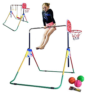 Kids Jungle Gymnastics Expandable Junior 4 in 1 Training Monkey Horizontal Bars Climbing Tower Child playset Training Pull Up Gym with Swing, Trapeze Ring and Basketball Stand with 3 Balls Set.