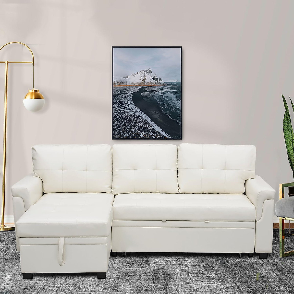 Naomi Home Transform Any Space: Sleeper Sectional Sofa with Convertible Sofa Bed & Inviting Chaise. Find Tranquil Comfort with Stress-Relieving Design & Durable Cushions - White/Air Leather