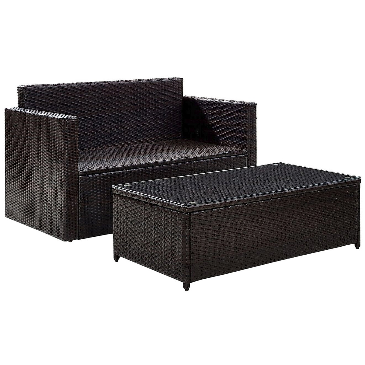 Crosley Furniture Palm Harbor 2-Piece Wicker Outdoor Coffee Table and Loveseat Patio Furniture Set for Porch, Brown with Sand Cushions