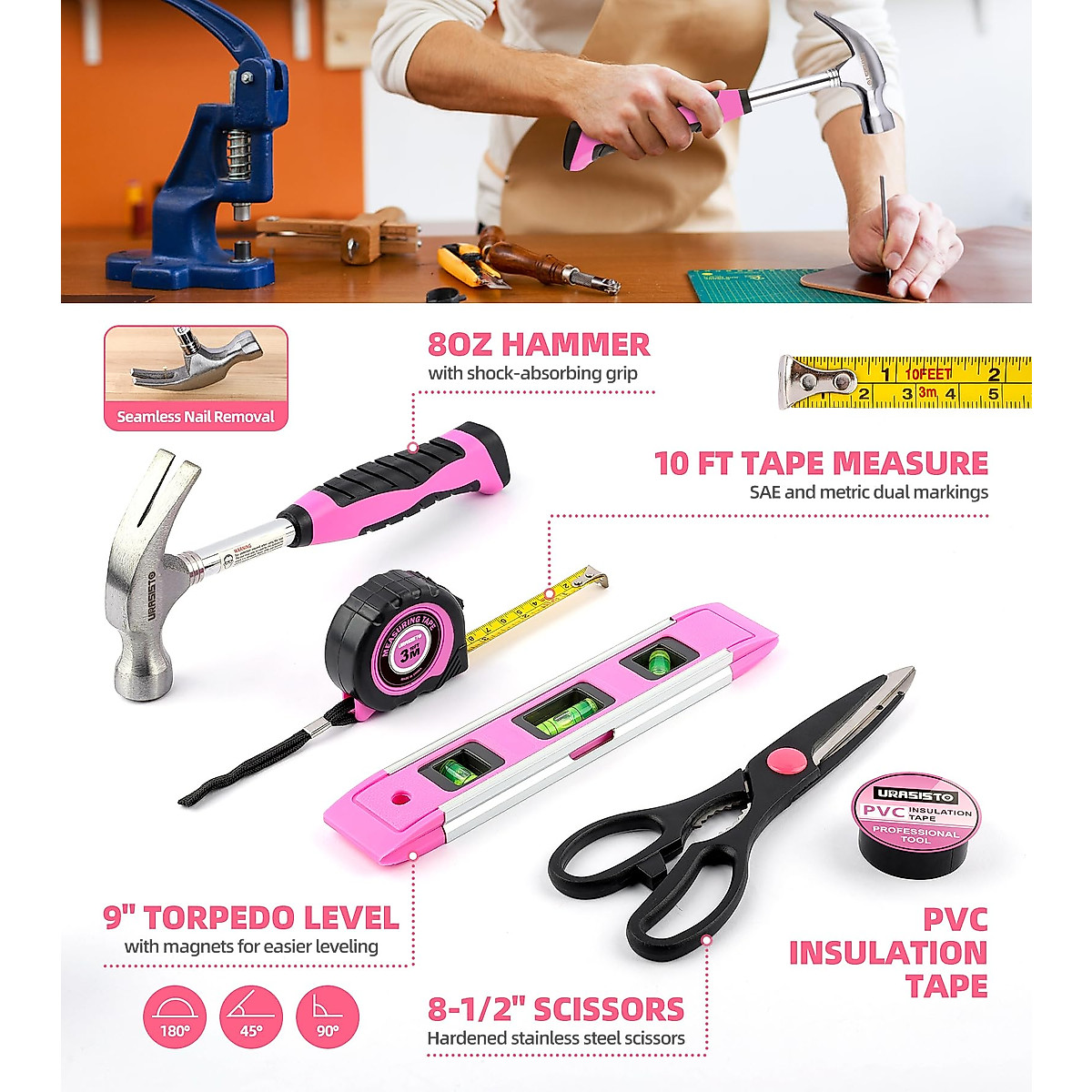 URASISTO Pink Household Tool Set with 3.6V USB Electric Screwdriver, 136 PCS Home Tool Kit with Cordless Lithium-ion Drill Driver, Hand Tool Kits for Women