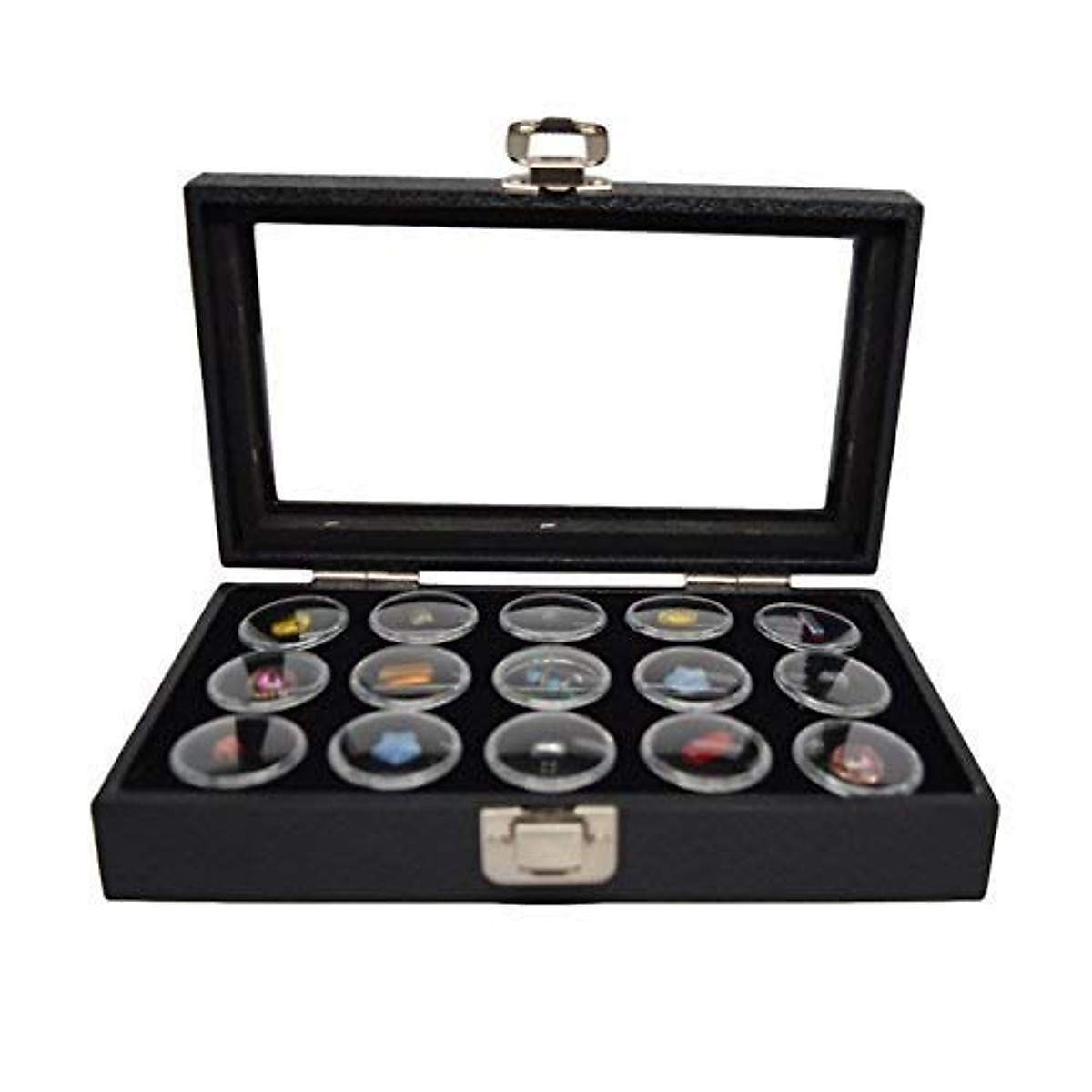Novel Box Medium Glass Top Black Leatherette Jewelry Display Case + 15 Count Jar Insert Tray in Black + Custom NB Pouch