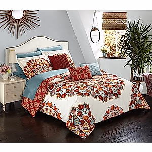 Chic Home CS5045-AN 10 Piece Aberdeen Large Scale Paisley Bohemian Reversible Printed with Embroidered Details. Queen Bed in a Bag Comforter Set Red