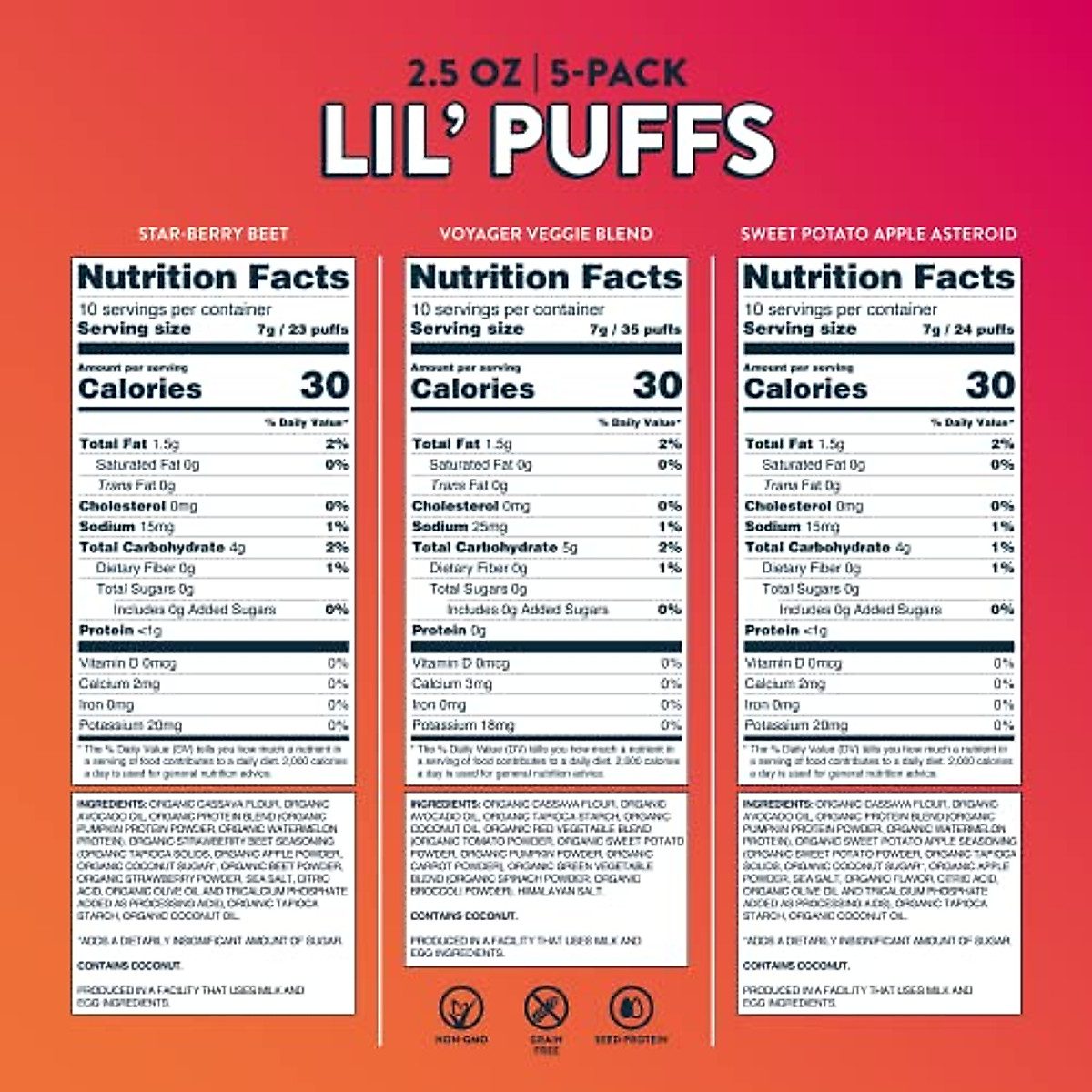 LesserEvil Lil' Puffs Variety Pack, Contains 2 Sweet Potato Apple, 2 Strawberry Beet, and 1 Veggie Blend, Organic Snacks for Kids, Rice-Free, 0g Sugar Per Serving, 2.5 Oz, (Pack of 5)
