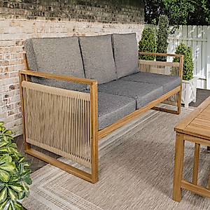 JONATHAN Y SFB1002B Gable 3-Seat Mid-Century Modern Roped Acacia Wood Outdoor Sofa with Cushions Scandinavian, Classic, Transitional, Industrial for Backyard, Patio, Porch, Gray/Teak Brown