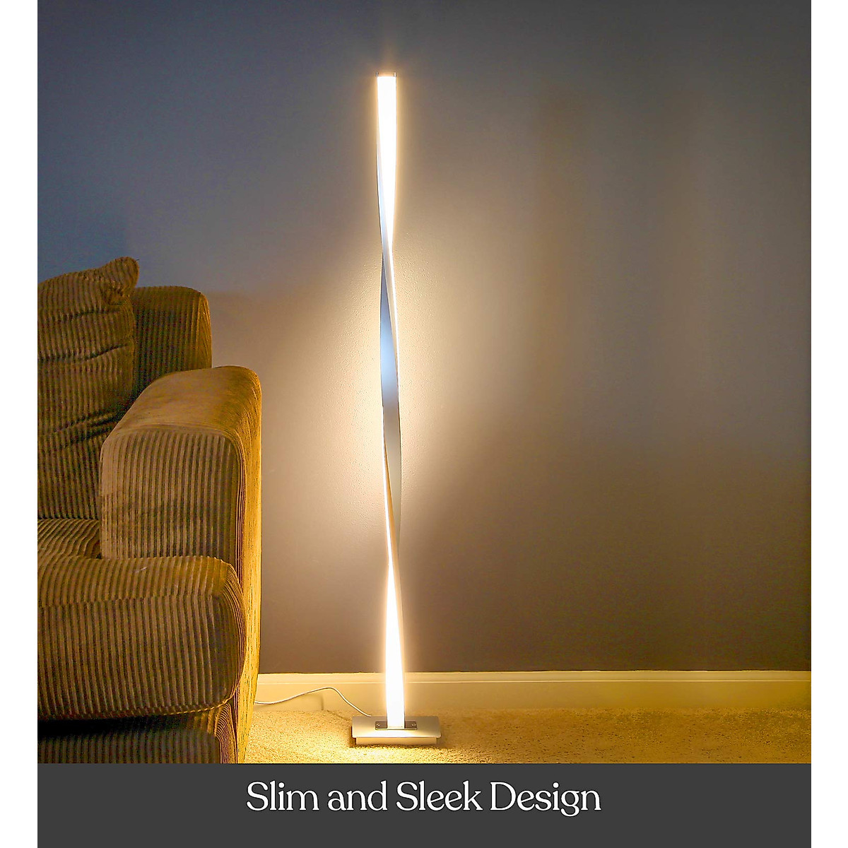 Brightech Helix LED Floor lamp, Bright Floor Lamp for Living Rooms & Bedrooms, 48" Tall Pole Lamp, Dimmable Standing Lamp - Platinum Silver