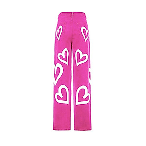 Women's High Waist Heart Print Wide Leg Loost Fit Vintage Boyfriend Jeans Teen Girls Streetwear Denim Pants Pink