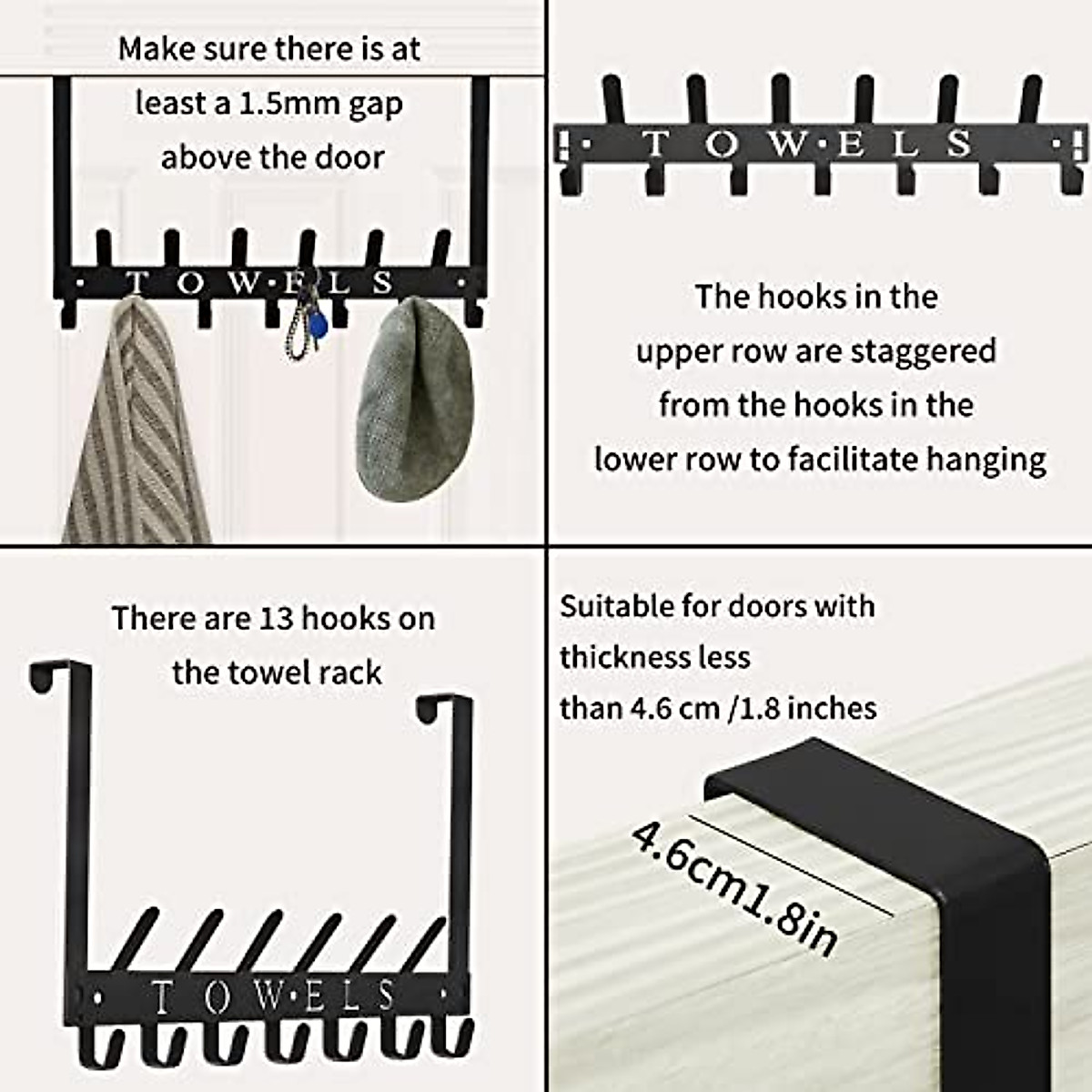 Towel Holder, Over The Door Hooks, Door Mount Towel Rack / Organizer Metal Bath Towel Hanger for Bedroom Kitchen Pool Bathrobe Beach, Bathrooms (13 Hooks, Black)