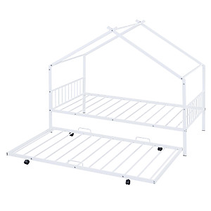 Guxeei Twin Size Metal House Bed, Modern Design Bed Frame with Trundle for Bedroom, Wood Slat Support, No Box Spring Needed, Easy Assembly (White)