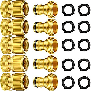 5 Set Garden Hose Quick Connect Fittings Solid Brass Quick Connector 3/4 Inch GHT Garden Water Hose Connectors with Extra Rubber Washers, Male and Female