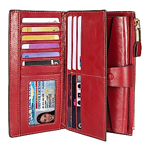 Itslife Womens Wallet RFID Blocking Large Capacity Luxury Wax Genuine Leather Wallets Clutch Wallet Ladies Card holder, Red