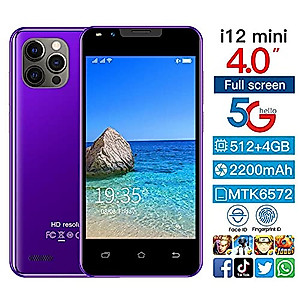 AUD Smart Phone HD Full Screen Phone, Mini 12 Pro Max Smart Phone Unlocked, 4.0inch Water Drop Screen Android 5.1 512MB + 4GB RAM Unlocked Smartphones (Purple)