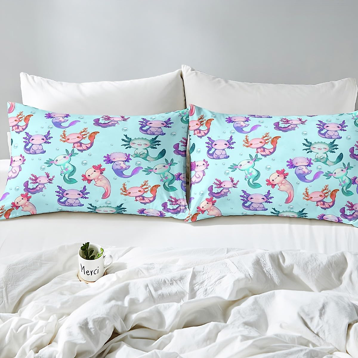 Manfei Cartoon Axolotl Bedding Set Twin Size for Bedroom Decorative,Cute Purple Blue Wildlife Animal Duvet Cover,Green Polka Dots Sea Creature Bedding Quilt Cover with 1 Pillow Cases