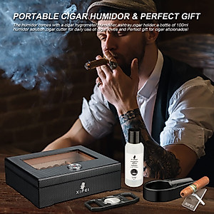 XIFEI Cigar Humidor, Glass Top Carbon Fiber Texture top Inlay Hygrometer,Including Cigar humidifier, Acrylic Cigar Stand,Cigar Ashtray and Humidor Solution, Holds 25-60 Cigars (9IN*7.5 * 2.8)