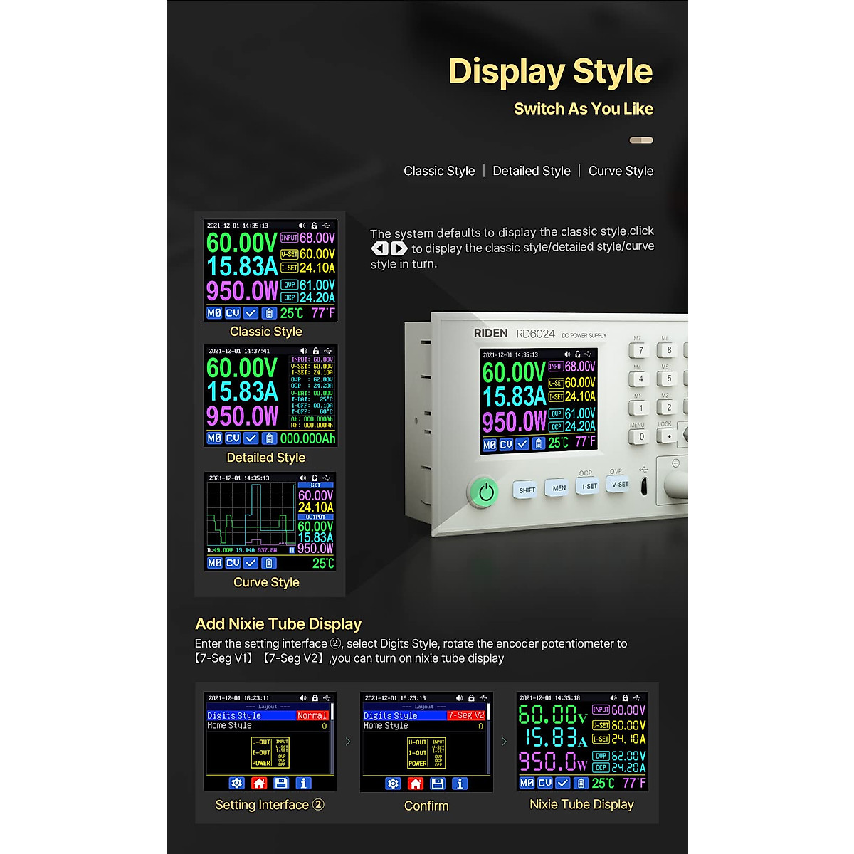 DC Power Supply Variable Adjustable Lab Bench Power Supply Buck Converter Step Down Switching Regulated 4-Digital LCD Display 60V 24A 1140W Assembled RD6024