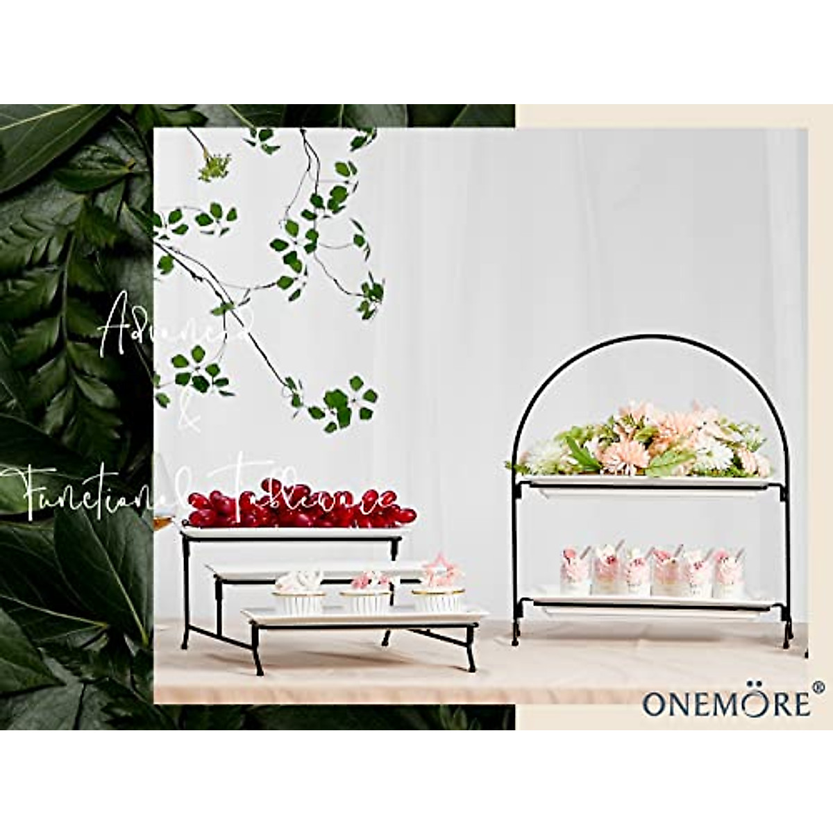 ONEMORE 3 Tier Serving Tray, Tiered Tray Stand for Party Entertaining Collapsible Sturdier Rack with 12" White Rectangular Ceramic Serving Platters for Fruit Cupcake Food Dessert Table Display Set