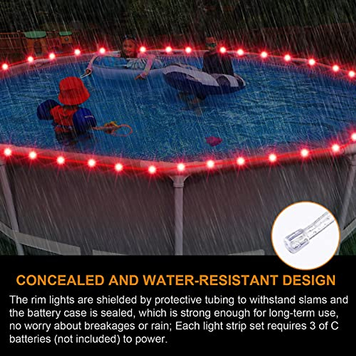Ehaijia Remote Control LED Lights for Above Ground Pools, 15Ft Submersible Rim Lights, C Battery Box, 16 Color Changing at Night, Waterproof