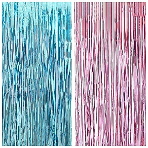 Metallic Tinsel Foil Fringe Curtains Baby Shower Gender Reveals Party Decoration Supplies Glitter Streamers for Party Photo Backdrop Wedding Decor Pink and Blue 2 Packs W 3.2 ft x H 9.8 ft