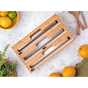 Kind Den 3-in-1 Bamboo Wrap Storage Holder & Dispenser | Plastic Wrap Dispenser With Cutter | Organizer For Cling Film, Aluminum Foil & Wax Paper | Great For Kitchen Drawer Storage And Organization