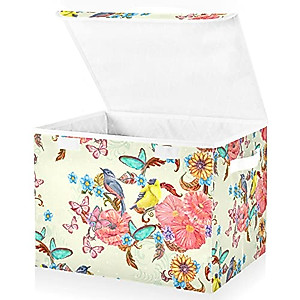 innewgogo Flowers Birds Butterflies Storage Bins with Lids for Organizing Foldable Storage Box With Lid with Handles Oxford Cloth Storage Cube Box for Car