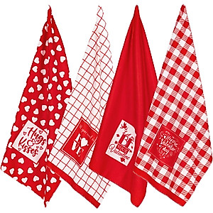 Whaline Valentine's Day Kitchen Towel Red White Dish Towel Heart Love Plaid Dishcloth Large Tea Towel Decorative Holiday Cloth Towel for Valentine's Day Home Kitchen Coking Baking, 4 Designs, 28 x 18