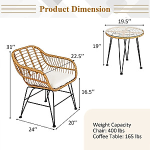 topment Bistro Table and Chairs Set of 2, Outdoor Patio Rattan Chair & Tempered Glass Coffee Table Set w/Removable Washable Beige Cushion Cafe Set for Indoor Balcony, Poolside, Garden (Pale Brown)