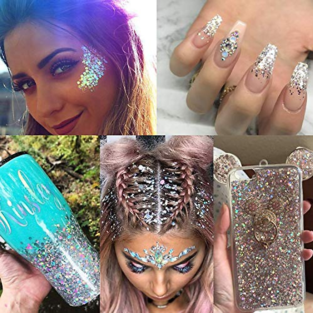 Silver Holographic Chunky Cosmetic Glitter Body Hair Face Eye Nail for Festival Carnival Concert Party Beauty Rave Accessories Different Sizes&Shapes ✮14g + Quick Dry Primer Glue Gel(5ml)