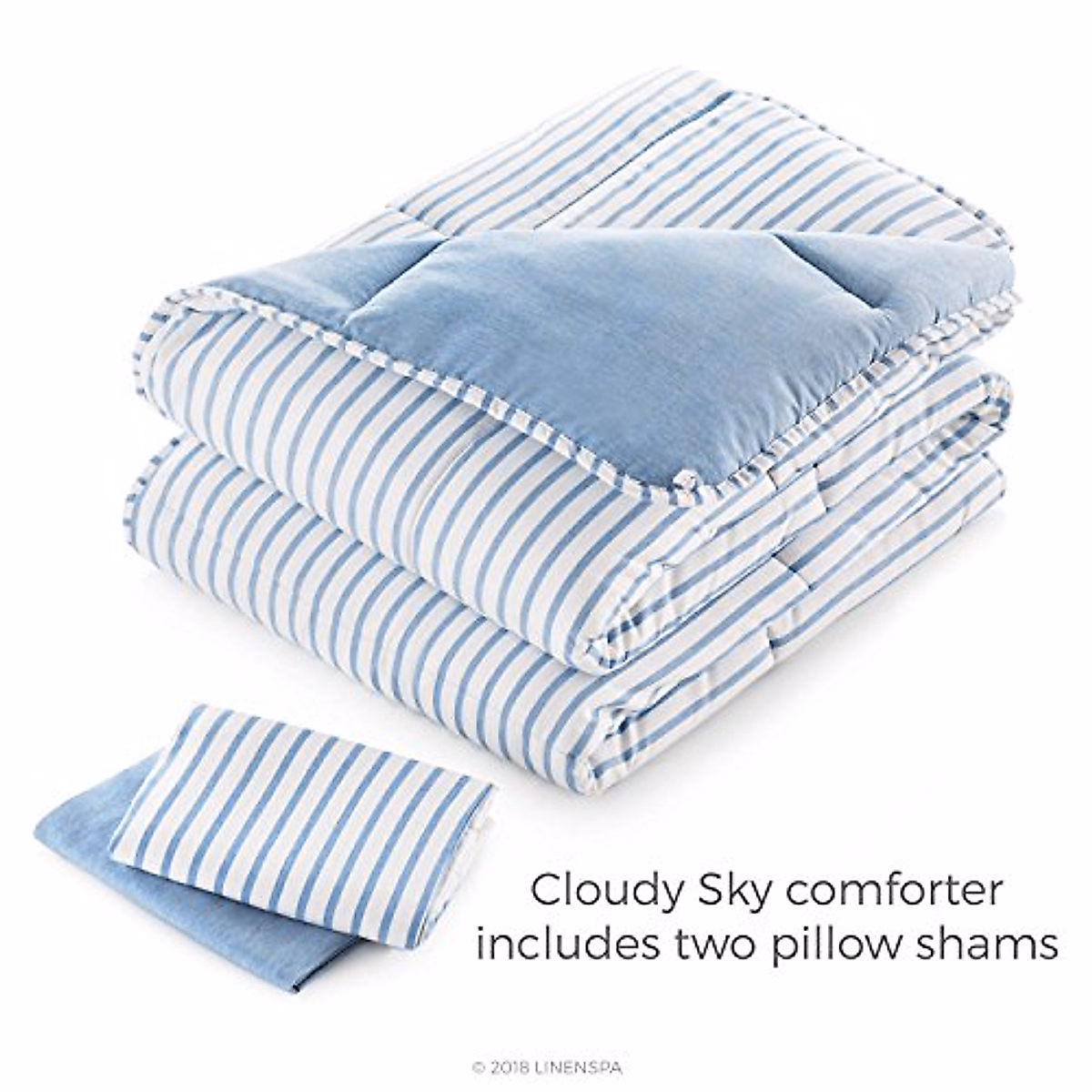 LINENSPA All Season Hypoallergenic Down Alternative Microfiber Comforter, King, Light Blue/White