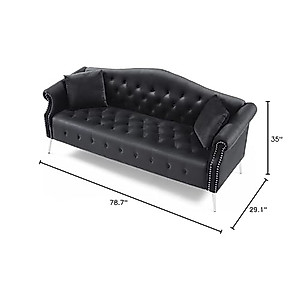 FIQHOME, 78.7" Classic Chesterfield Velvet Sofa Contemporary Upholstered Couch with Button Tufted and Rolled Arms, 2 Pillows Included, 3 Seater, Black