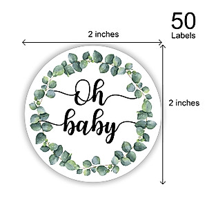 50 Greenery Wreath Oh Baby Gender Neutral Stickers - Baby Shower Favors Stickers - Thank You Labels for Baby Shower 2 Inch.