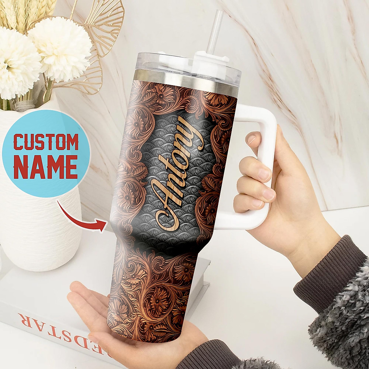 WAZONE Personalized Fishing 40oz Tumbler with Handle and Straw Lid Fish Custom Name Stainless Steel Tumblers Gifts Birthday Christmas Fathers Day for Fisherman Men Dad Boy Friend Husband Grandpa