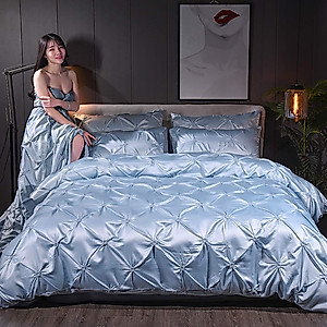 Wega Linen 1 Piece Satin Pinch Pleat Blue Duvet Cover Set Oversized King Size Satin Duvet Cover with Zipper Closure & Corner Ties Rich Silk Soft Washable Satin Duvet Covers Set (1 Duvet Cover Only)