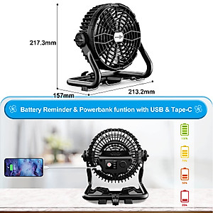 VCOLBON Small Rechargeable Portable Camping Fan, 360° Adjustable Outdoor Battery Operated Cordless Table Fan, 8-Inch 12 LED Stepless Speeds Quiet Bedroom Desk Fans for Home Office Travel Tent, Black
