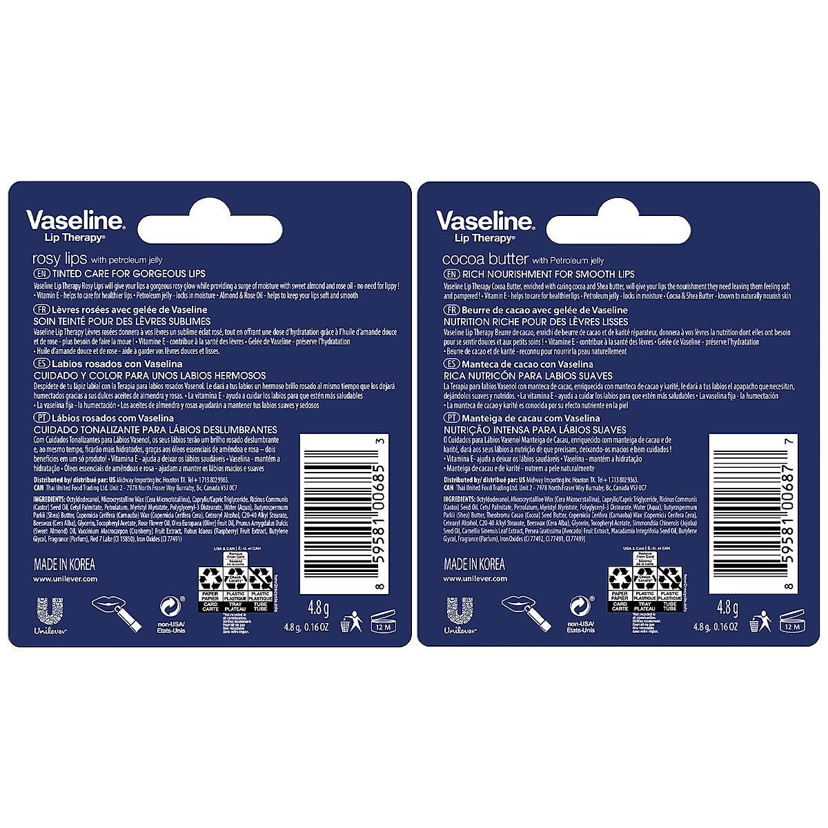 Vaseline Lip Therapy Variety 4-Pack – Rosy Lips + Cocoa Butter Moisturizing Lip Balm with Vitamin E, 0.16 Oz Ea