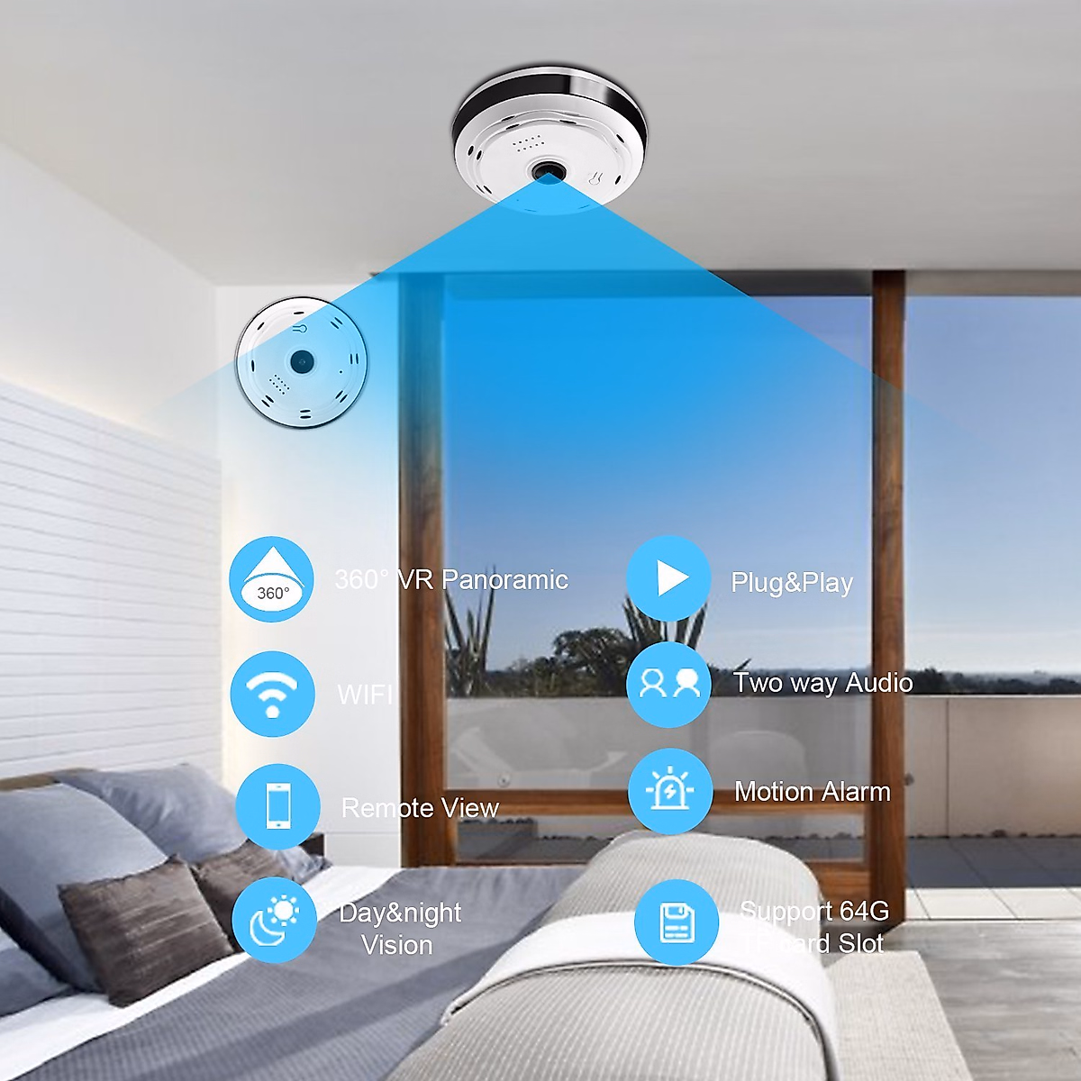 BlueHills White Compact Security Camera for Ceiling or Walls HD 1080P Night Vision Motion Detector & Two-Way Audio - Monitor Front-Door Home Business Kids Baby Dog Cat & Pets with App in Cell Phone