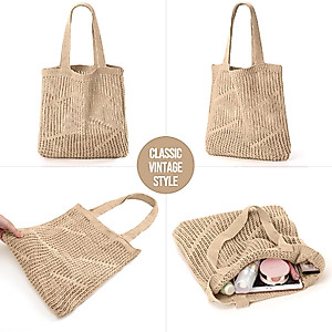 Crochet Tote Bag, Beach Mesh Knitted Bag Large Aesthetic Shoulder Bag Handbags Hollow Hobo Bag for Women Summer (Khaki, 4-Strips)