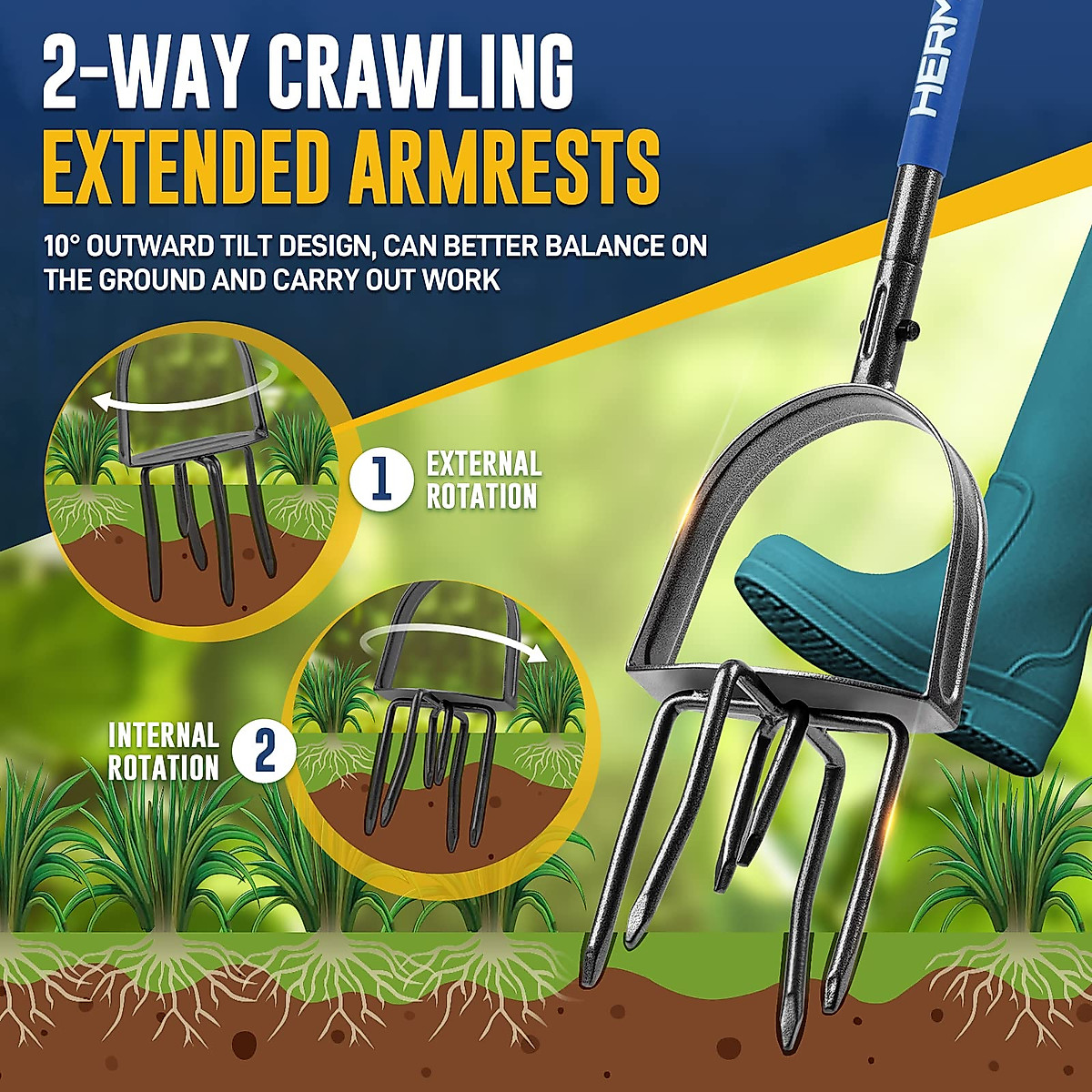 Hermsche Garden Tiller Manual Hand Tiller Garden Claw Cultivator Twist Tiller for Gardening Tool Long Handle Adjustable Steel Heavy Duty Lawn Aerator Soil Loosener Garden Tool Bed Plant Flower Box